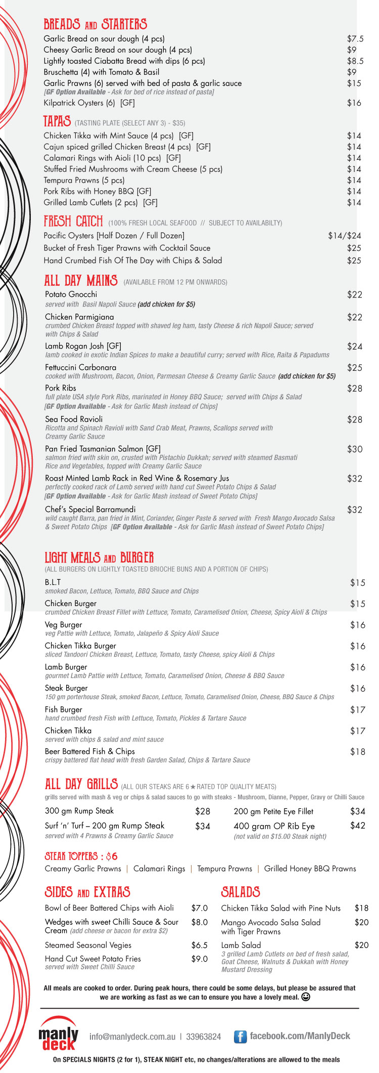 Dinner Menu | Manly Deck