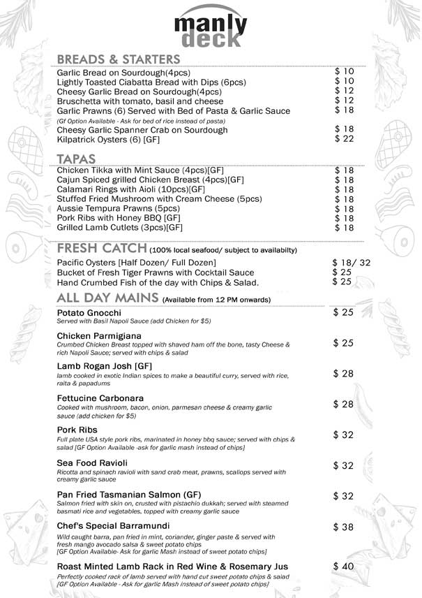 Dinner Menu | Manly Deck